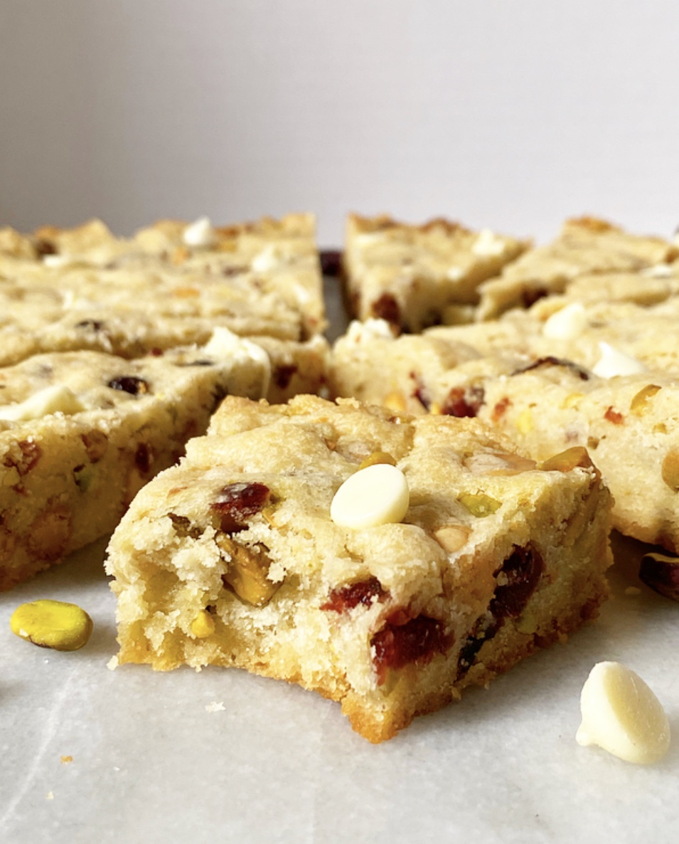 White Chocolate Cranberry Pistachio Shortbread Wedges | e2 bakes brooklyn