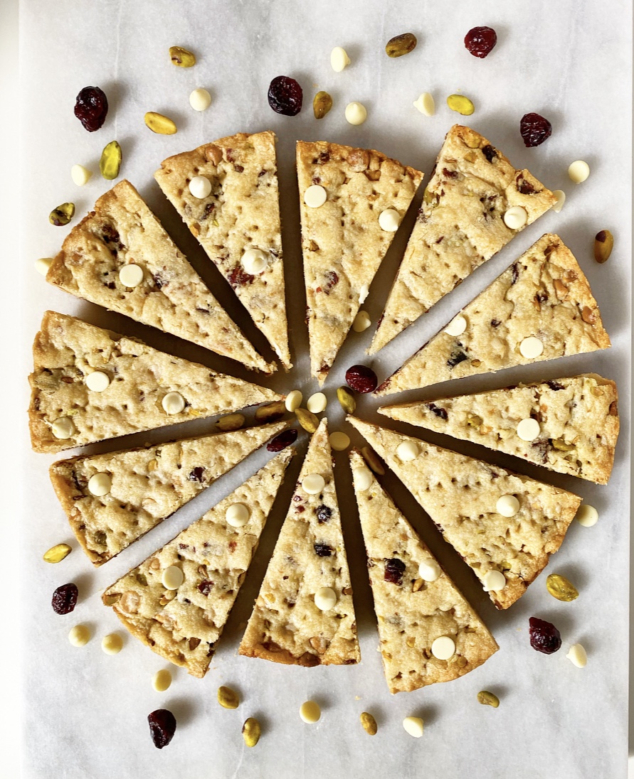 White Chocolate Cranberry Pistachio Shortbread Wedges | e2 bakes brooklyn