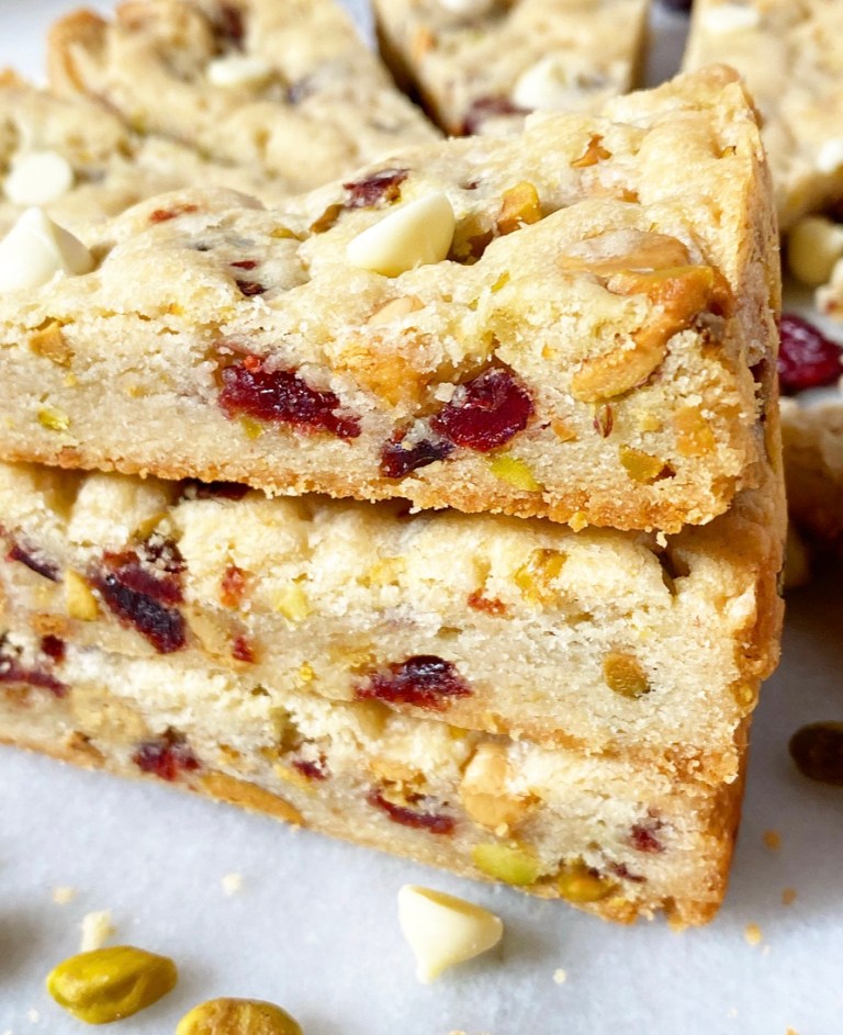 White Chocolate Cranberry Pistachio Shortbread Wedges | e2 bakes brooklyn
